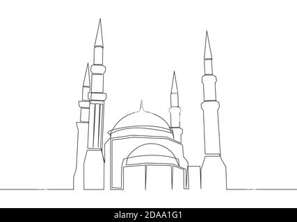 Single continuous line drawing of historical mosque or Masjid An Nabawi ...