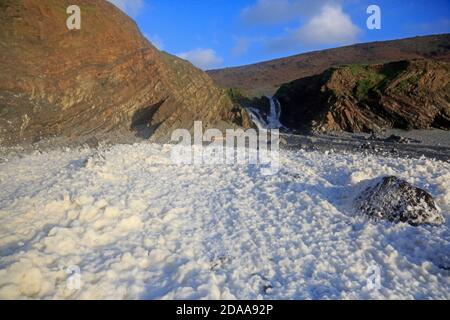 Sea Spume on the beach at Welcombe Mouth during a storm in Cornwall ...