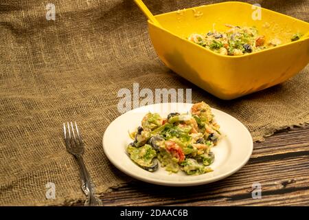 Vegetable salad with prawns and pine nuts. Homemade food. Close up ...