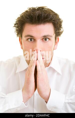 Bearded man emotions gestures with hands facial expression white t ...