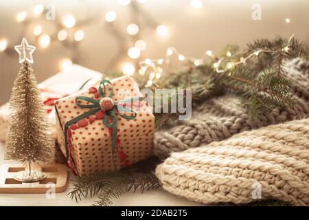 Composition with blank card and beautiful Christmas balls on white ...