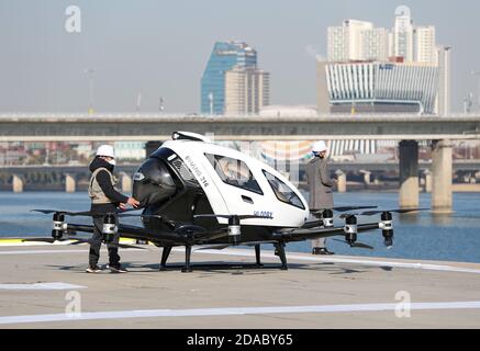 201111 -- SEOUL, Nov. 11, 2020 -- The autonomous aerial vehicle, EHang ...
