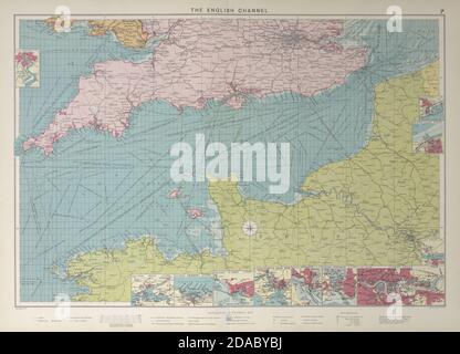 English Channel sea chart. Ports lighthouses mail routes. LARGE c1914 ...