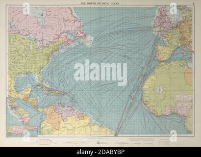 North Atlantic Ocean sea chart. Ports lighthouses mail routes. LARGE ...