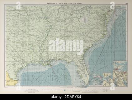 US Atlantic & Gulf Coast Ports sea chart lighthouses mail routes LARGE ...