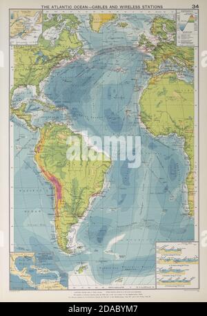 Atlantic Ocean. Cables Wireless Stations Land visibility Shipping lines ...