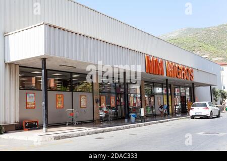 Turkish supermarket store MM MiGROS in the main street in Turgutreis ...