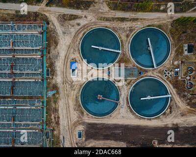 Aerial top view of wastewater treatment plant, filtration of dirty or ...