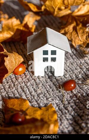 Autumnal Background. Toy house and dried orange fall maple leaves on ...