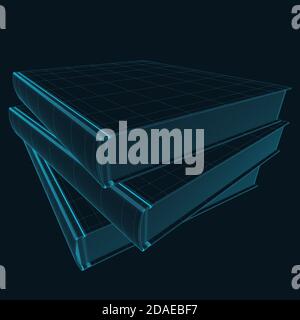 Wireframe of a stack of three books from black lines isolated on white background. Perspective ...