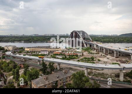 KYIV, UKRAINE - Jun 04, 2019: Construction of the Podolsky bridge in ...