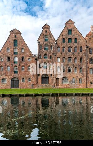 Historic salt storehouses (Salzspeicher) on the river Trave in Luebeck ...