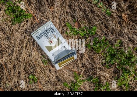 Dirty cigarette pack trash discarded on rocky sea coast ecosystem ...