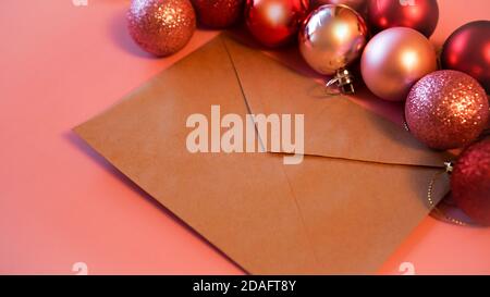 Top view of craft envelope. New Year decorations on black background ...