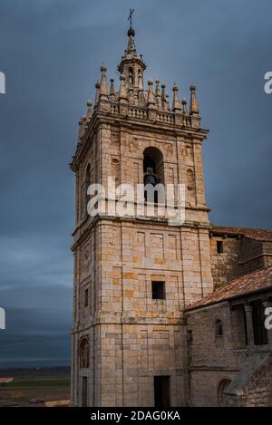 Front view of San Hipolito church with large bell tower and Gothic ...