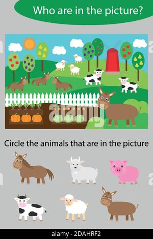 Circle the animals, game for children farm with animals cartoon style ...