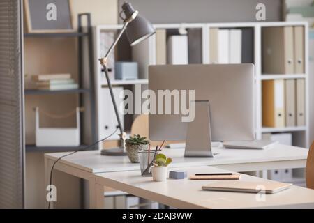 Workplace with computer monitor in office. Concept of digital marketing ...