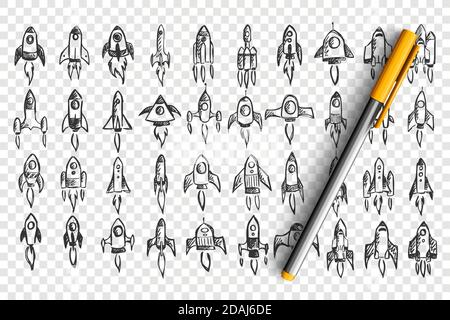 Cartoon and doodle line space rockets set vector illustration. Rocket ...