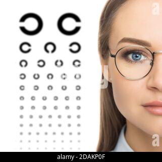 Eye test chart - white optometry chart on the wooden wall Stock Photo ...