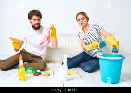 Married couple joint House cleaning service cleaning agent Stock Photo ...