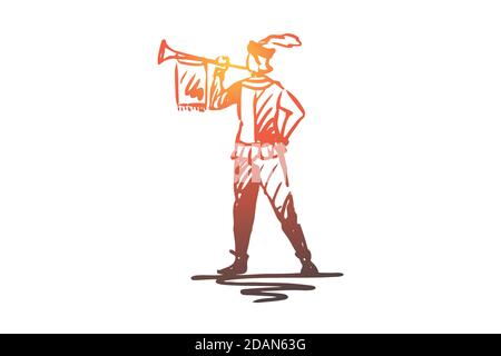Trumpeter, medieval, trumpet, message, ancient concept. Hand drawn ...