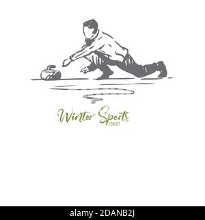 Curling concept. An athlete sliding a stone across the ice towards the ...