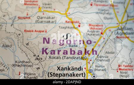 Flag of Artsakh (Nagorno-Karabakh) isolated on white background with copy space above. 3D ...