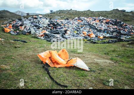 Life jackets at the waste disposal site near Molivos, Lesbos, Greece ...