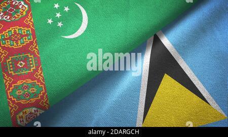 Saint Lucia and Turkmenistan two flags textile cloth, fabric texture ...