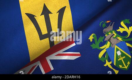 Pitcairn Islands and Barbados two flags textile cloth, fabric texture ...