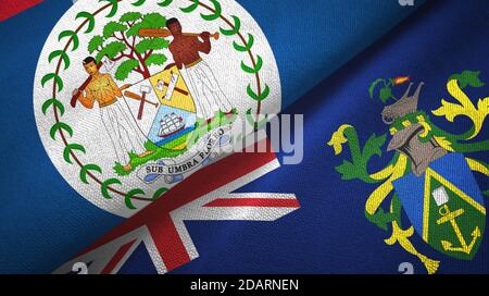 Pitcairn Islands and Belize two flags textile cloth, fabric texture ...