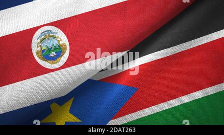 South Sudan and Costa Rica two flags textile cloth, fabric texture ...
