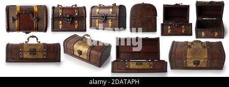 Front side of an old treasure chest on white background Stock Photo - Alamy