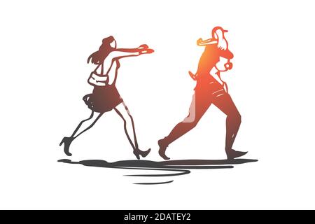 Abduction, kidnapping, child, criminal, woman concept. Hand drawn ...