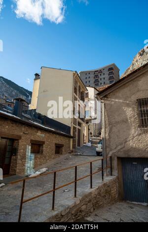 In the streets of Canillo town, one of the parishes of Andorra Stock ...