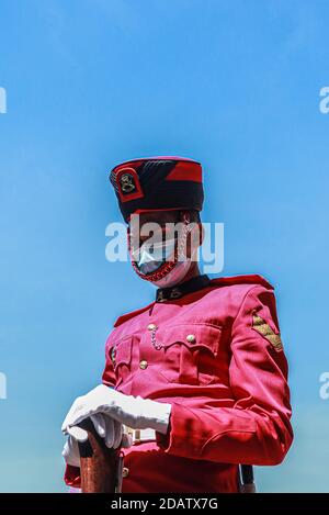 A Sri Lankan army soldier stands guard during the funeral ceremony of ...