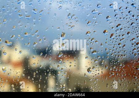 Banner of water drops on blue background. Water droplets on glass ...