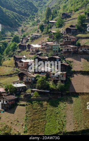 View of traditional Turkish farm houses in the Pontic mountains near ...