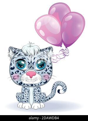 Cartoon snow leopard with expressive eyes among flowers, hearts ...