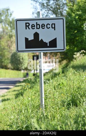 Illustration shows the name of the Rebecq municipality on a road sign ...