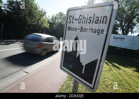 Illustration shows the name of the Saint-Ghislain municipality on a ...