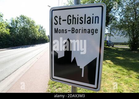 Illustration shows the name of the Saint-Ghislain municipality on a ...