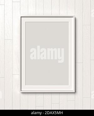 A vertical frame mockup on a white gray wall with wooden floor 3d ...