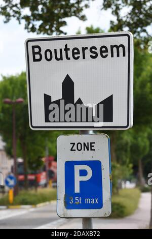 Illustration shows the name of the Boutersem municipality on a road ...