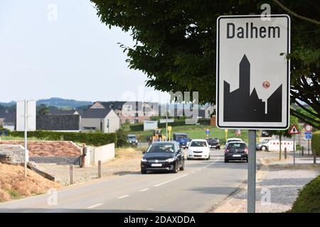 Illustration shows the name of the Dalhem municipality on a road sign ...