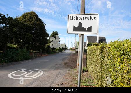 Illustration shows the name of the Lichtervelde municipality on a road ...