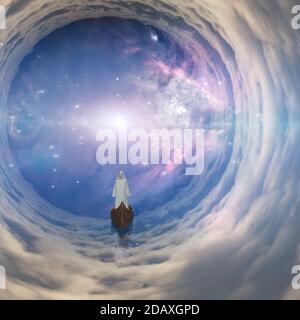 Man in white robe floating in abstract space. 3D rendering Stock Photo ...