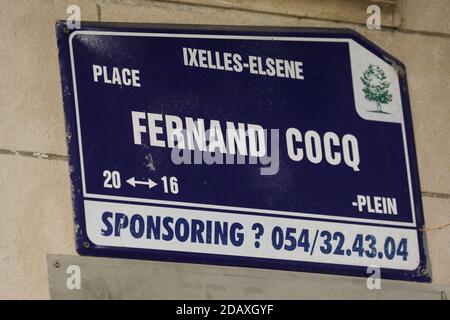 Illustration shows the name of the Ixelles - Elsene municipality on a ...