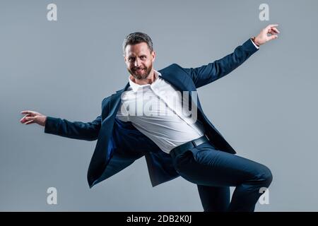 pure happiness. handsome happy ceo. bearded businessman dancing in suit ...