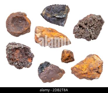 set of coin shaped lake iron ore (limonite) stones cutout on white ...